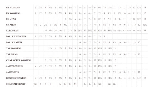 Dance Shoe Sizing Charts - World of Dance UK